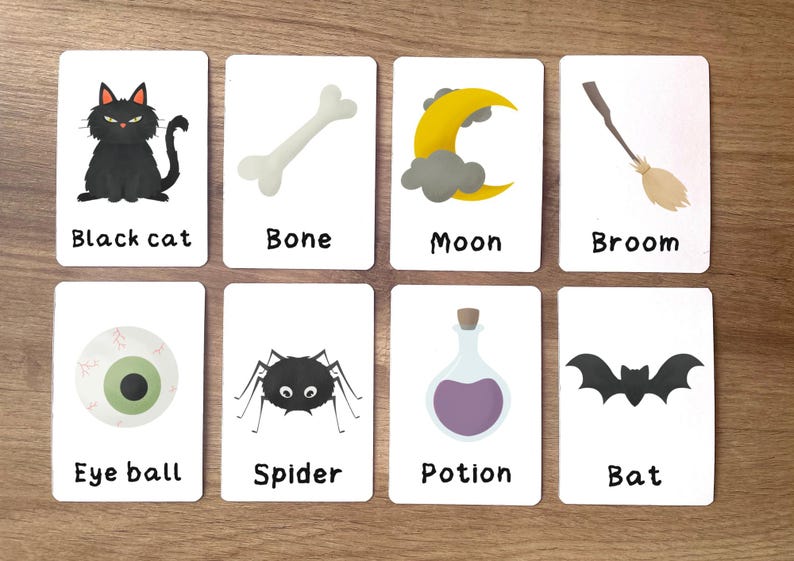 24 Halloween Flashcards, Montessori Printable Halloween Learning Cards ...