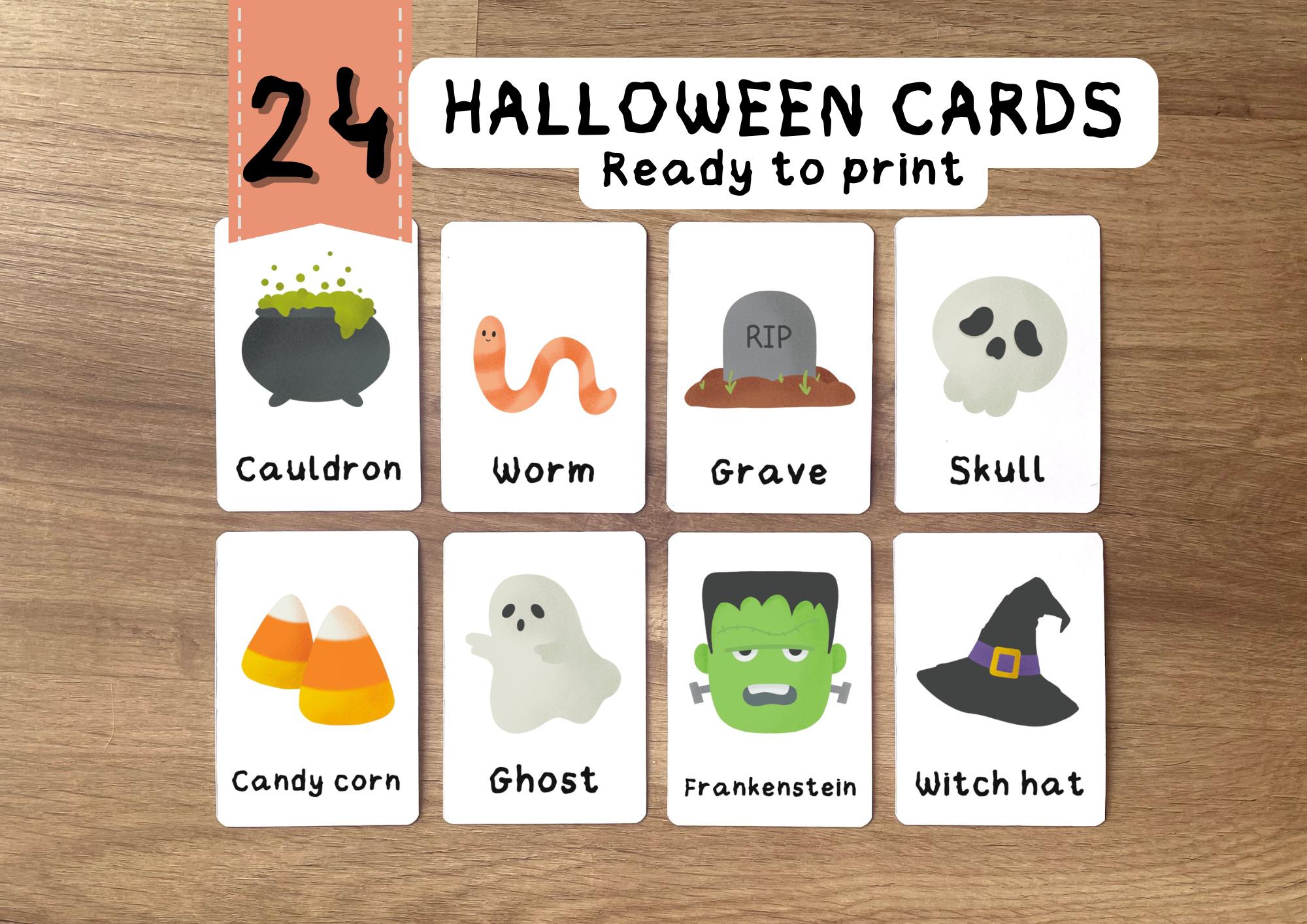 24 Halloween Flashcards, Montessori Printable Halloween Learning Cards ...