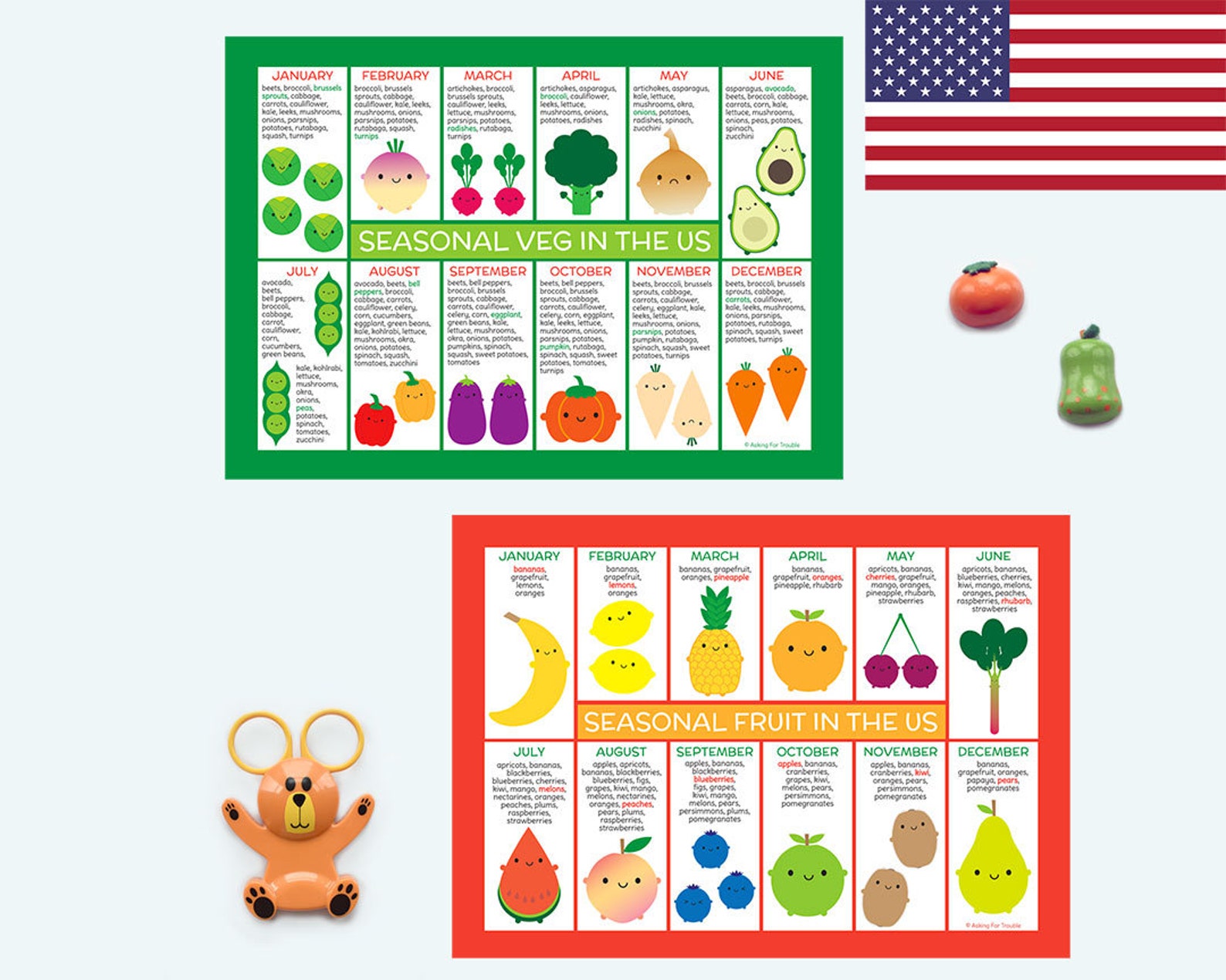 USA Seasonal Food Charts / Magnets - Kawaii Fruit & Vegetables - Etsy