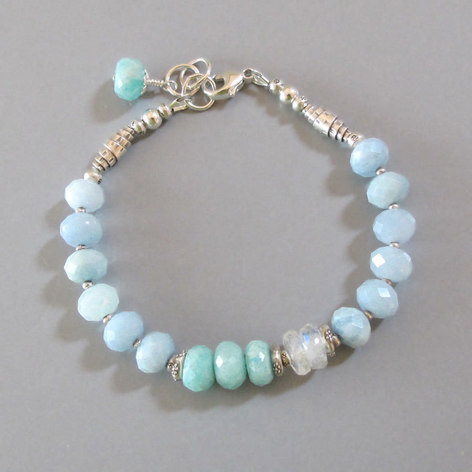 Aquamarine Amazonite Rainbow Moonstone Bracelet Sterling - Etsy