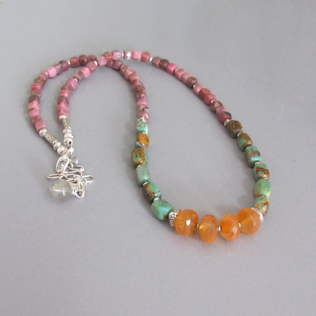 Rhodonite Turquoise Carnelian Necklace Sterling Silver Djstrang Boho ...