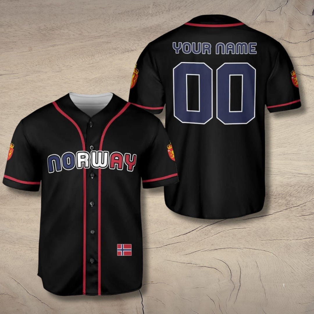 Norway Baseball Jersey Shirt in Black With Red Trim, Flag Patch and ...