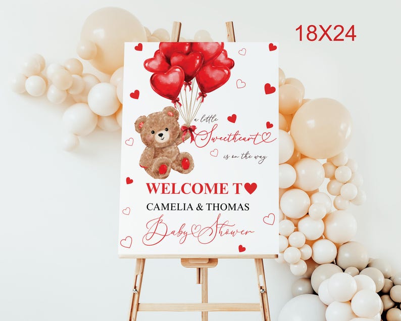 Little Sweetheart Baby Shower Welcome Sign, Bear Red Balloons & Hearts ...