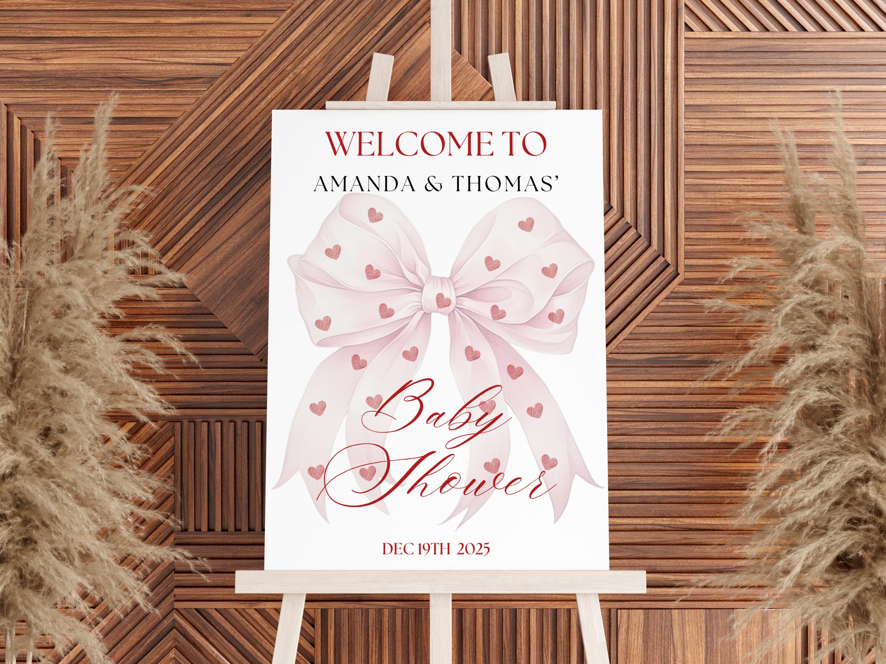 Editable Pink Bow Girl Baby Shower Welcome Sign, Pink Bow With Hearts ...