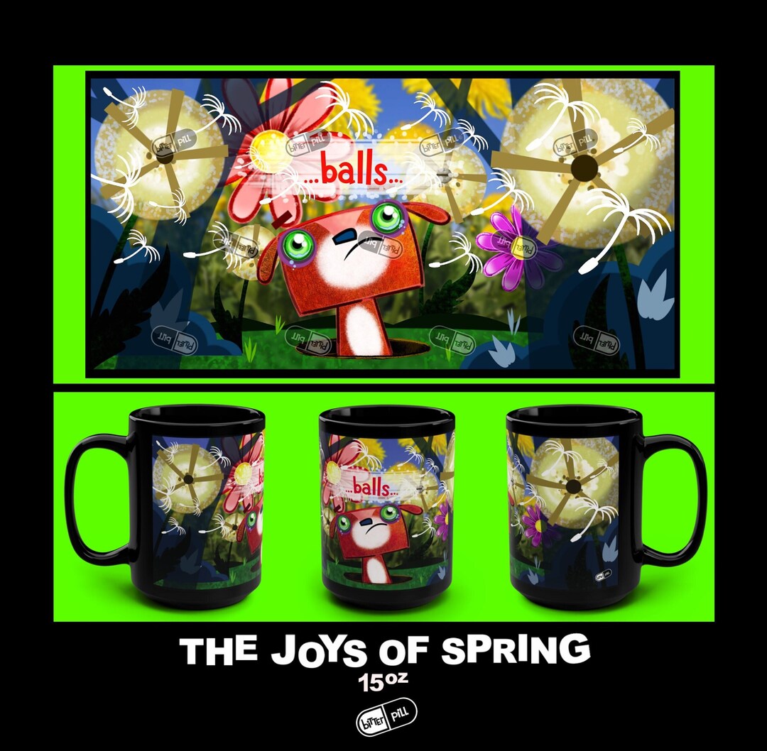 The Joys of Spring Wrap Around Cartoon Art Mug Black Ceramic Coffee Cup ...
