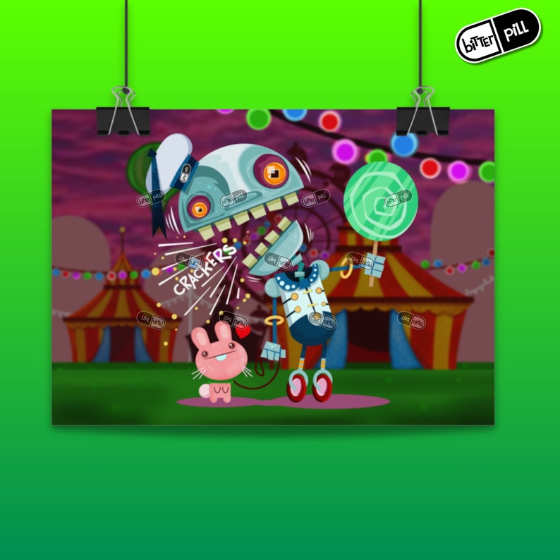 Quirky Skeleton Robot Circus Colorful Cartoon Art Print, Unique Wall ...