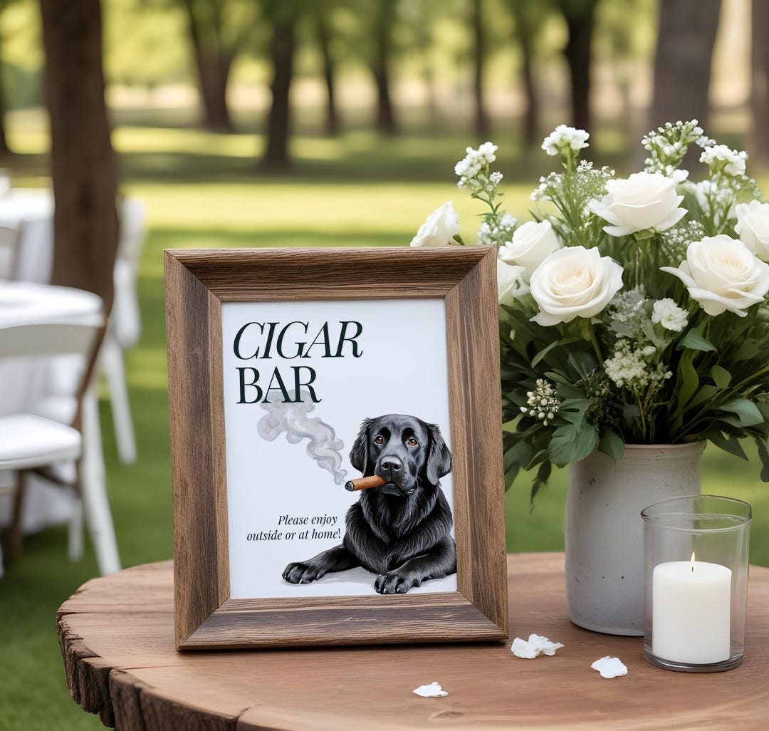Wedding Cigar Bar Sign With Dog Flat Coated Retriever - Etsy