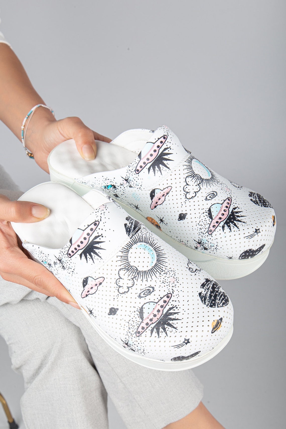 Pattern Orthopedic Woman Clogs,nurse Slippers,hospital Clog,space Pattern,white Clogs,medical ...