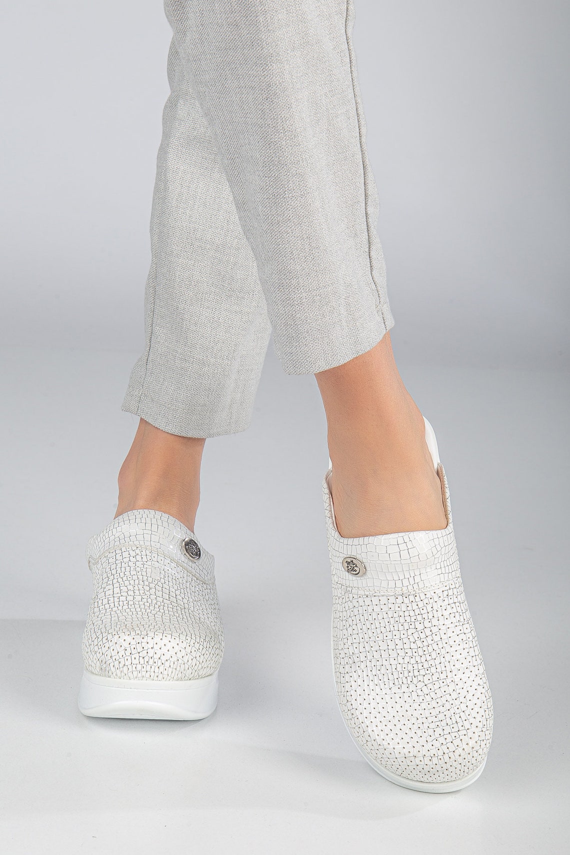 Orthopedic Nurse Clogs, White Silvery Pattern, Comfortable Slippers - Etsy