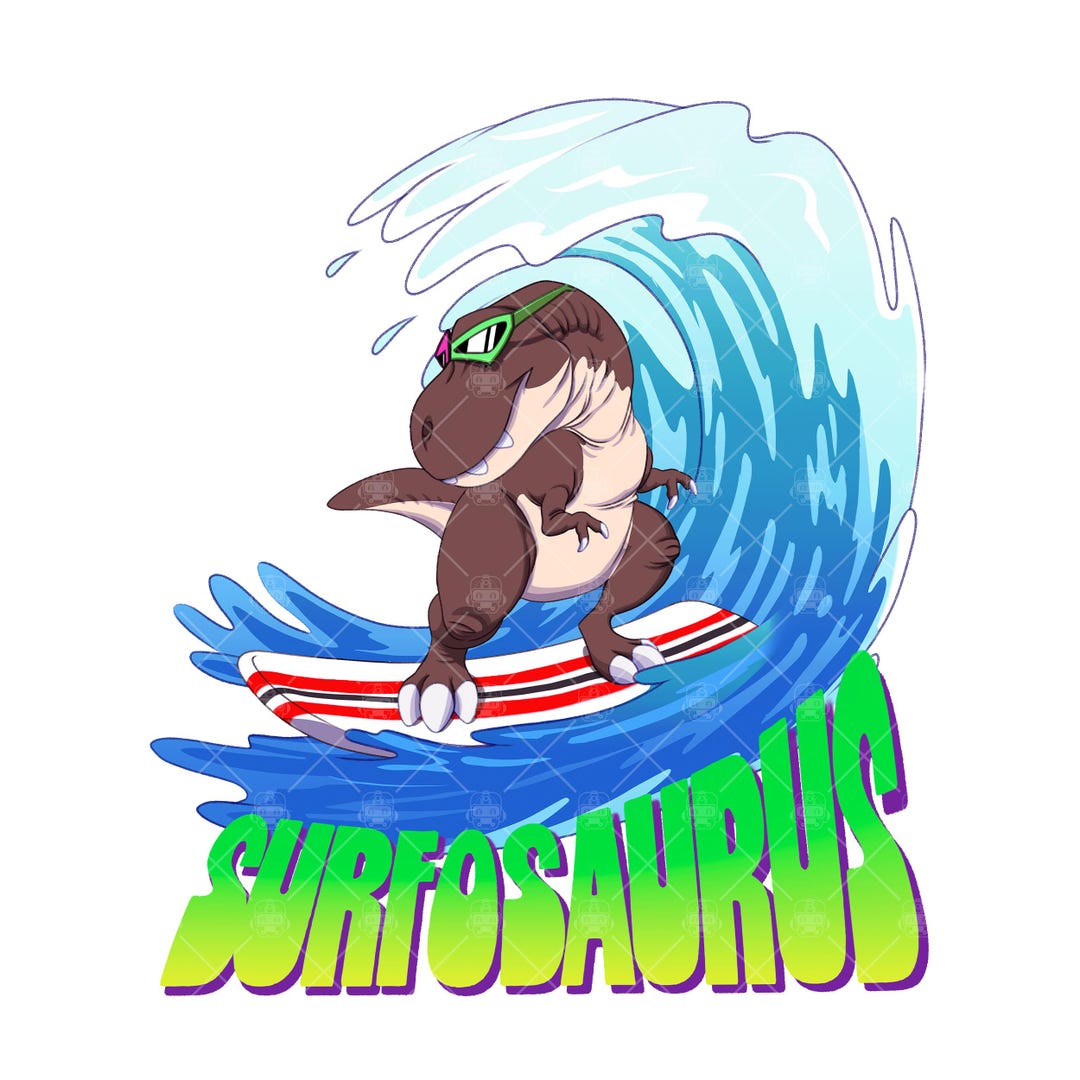 Surfosaurus T-rex Surfing Wave Retro 80s Sunglasses Comic Style Art ...