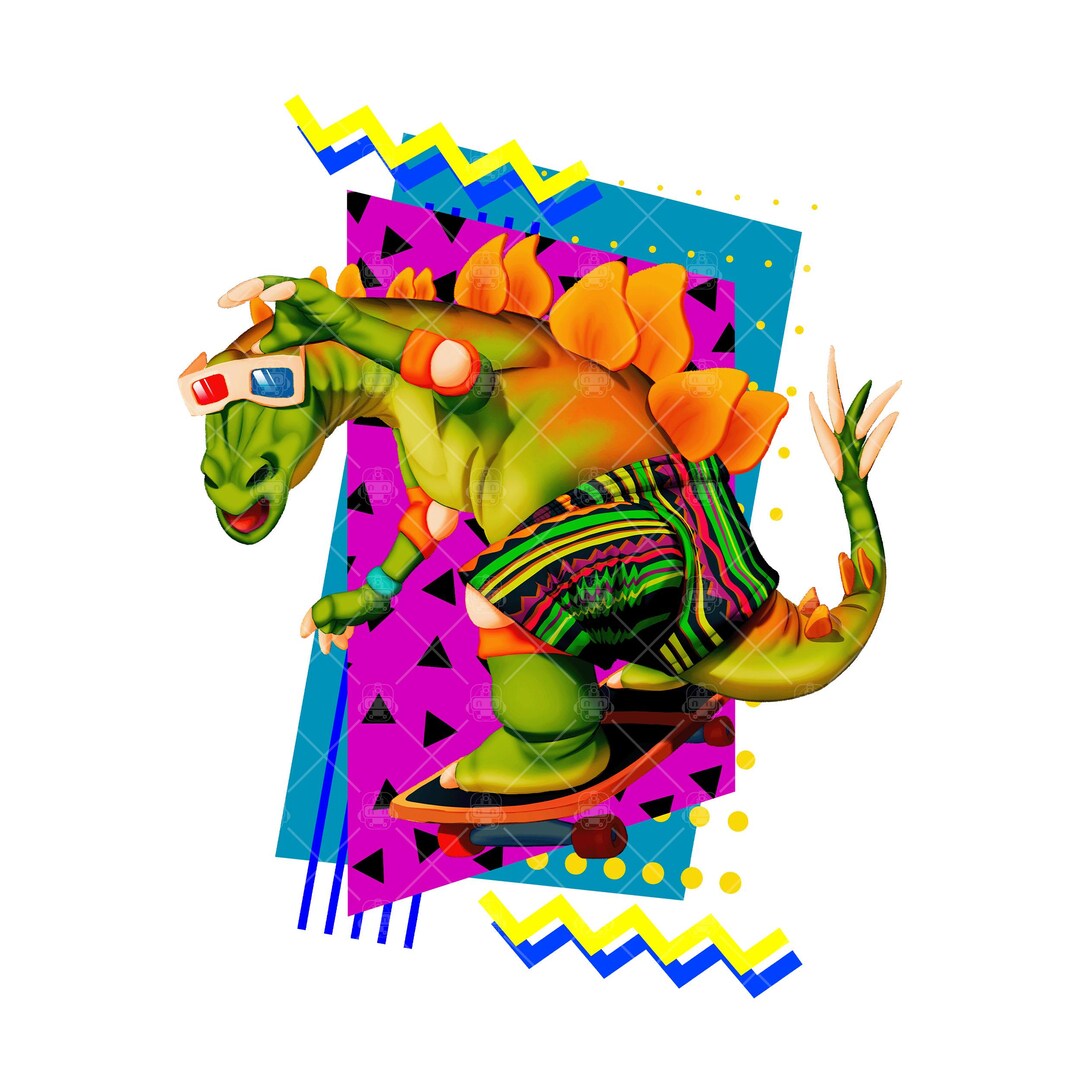 Stegosaurus Skater With Retro 90s Outfit and 3D Glasses Memphis Style ...