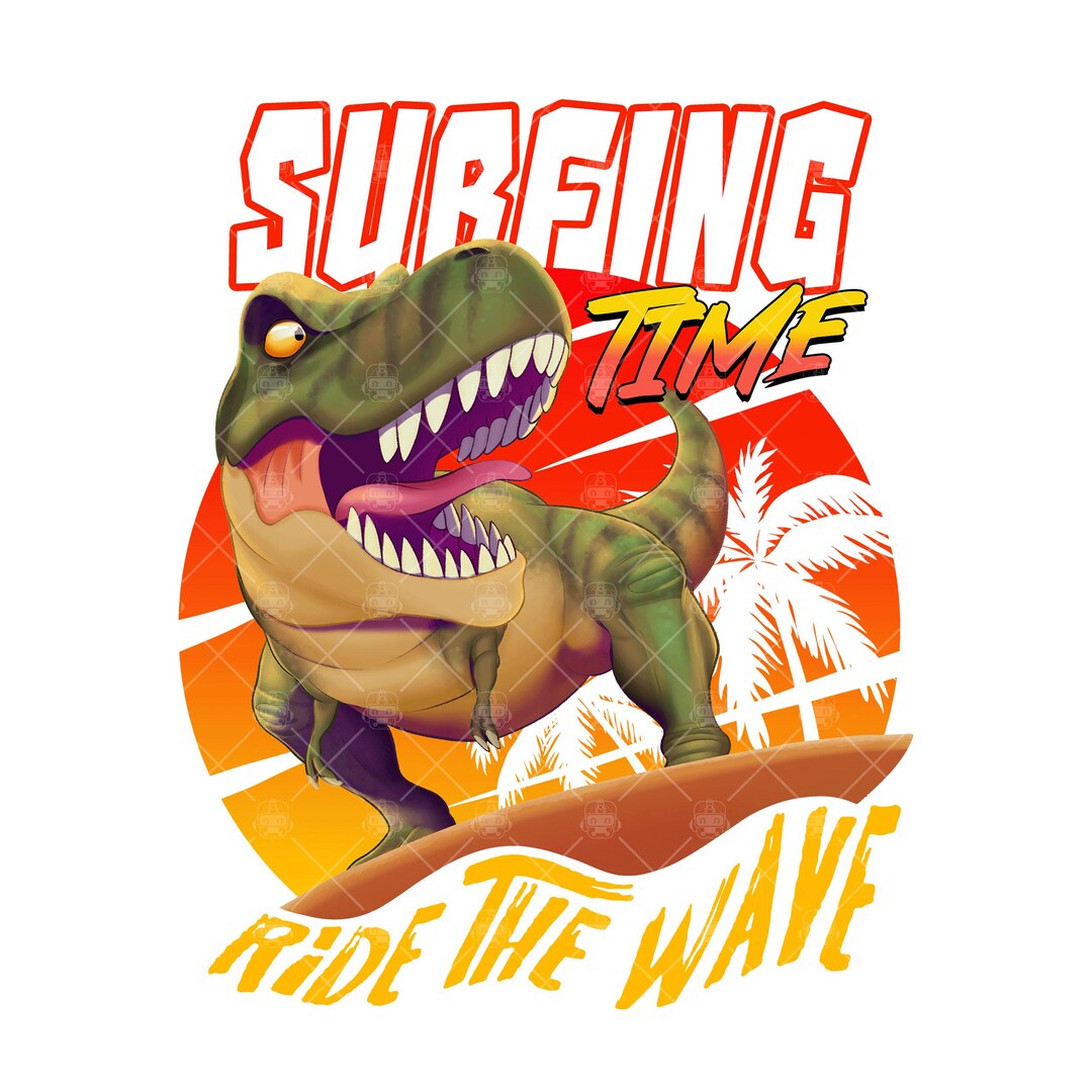 Surfing Time T-rex Surfing Green Dinosaur With Sun Background Ride the ...