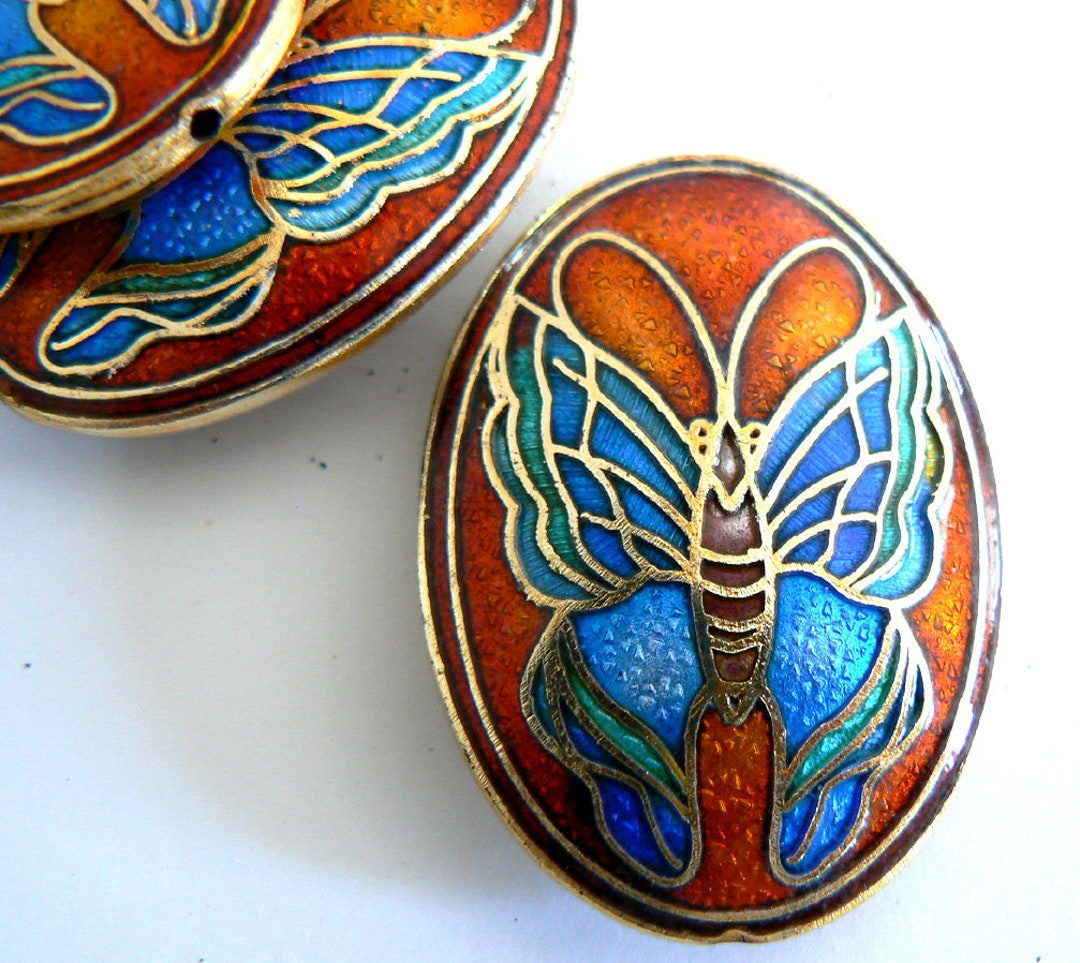 1pc 40mm Large Handmade Cloisonne Beads Gold Plated Brass Butterfly ...