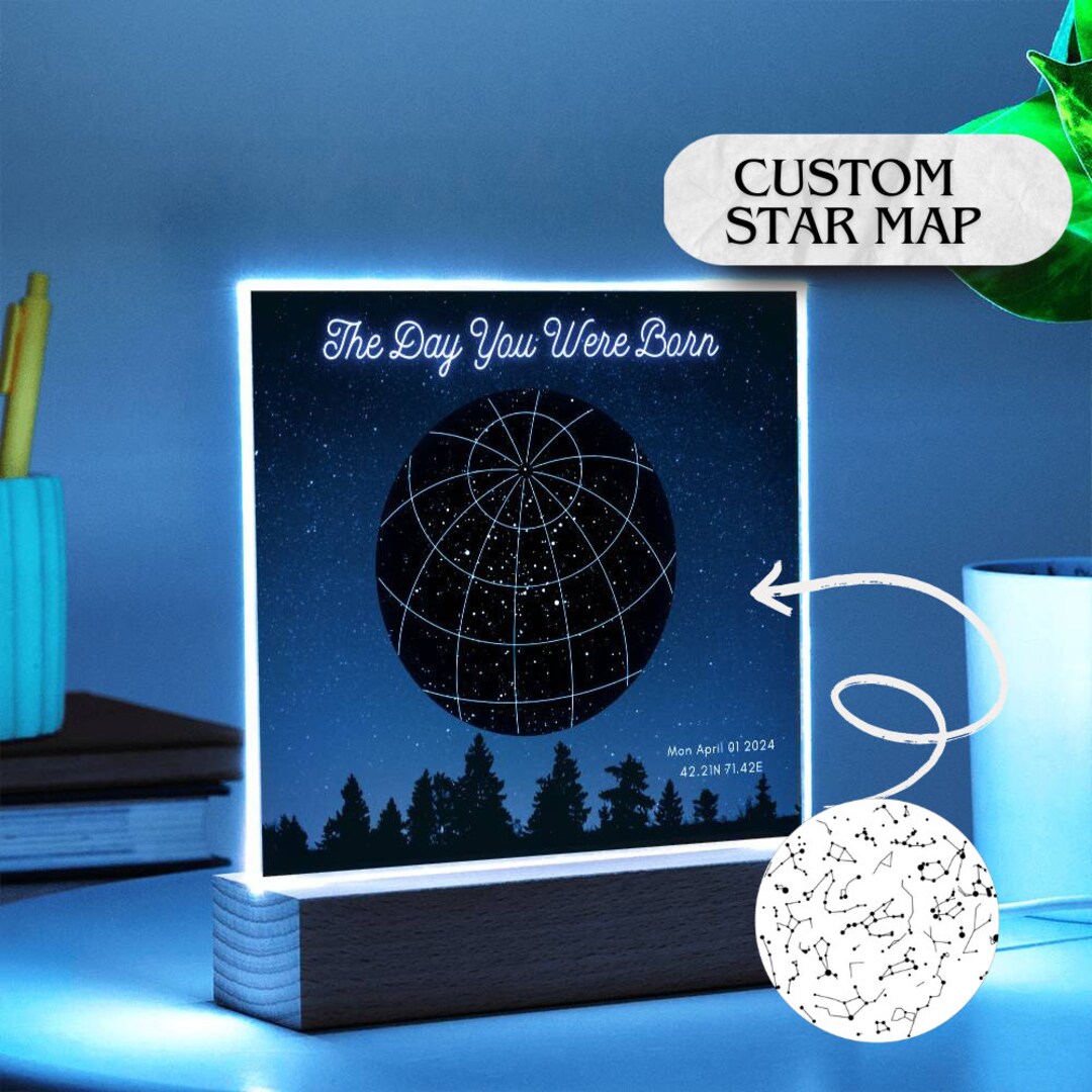 Custom Birth Star Map LED Acrylic Plaque - Personalized Celestial Décor Star Map the Day You ...