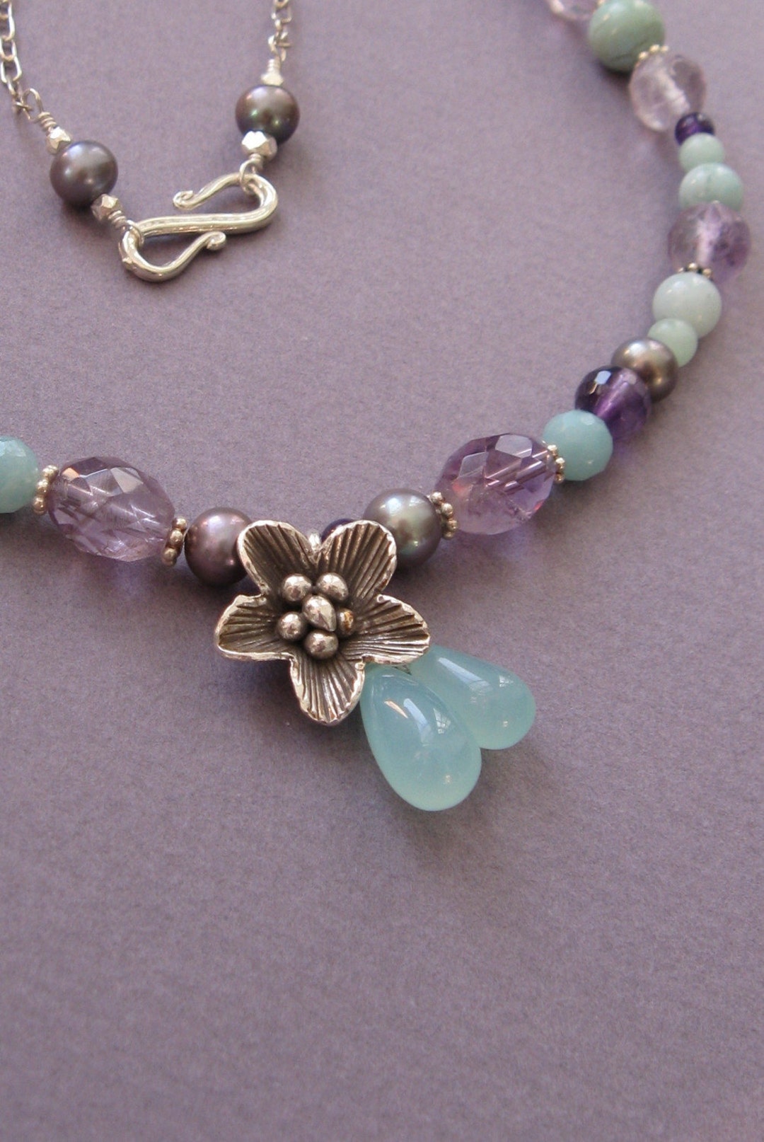 Amethyst and Amazonite Necklace With Silver Flower Pendant - Etsy