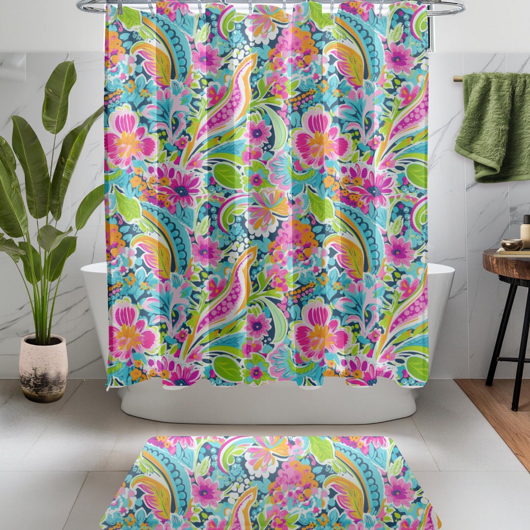 Floral Paisley Bathroom Decor Bundle Bright Flower Bath Mat Newlyweds ...
