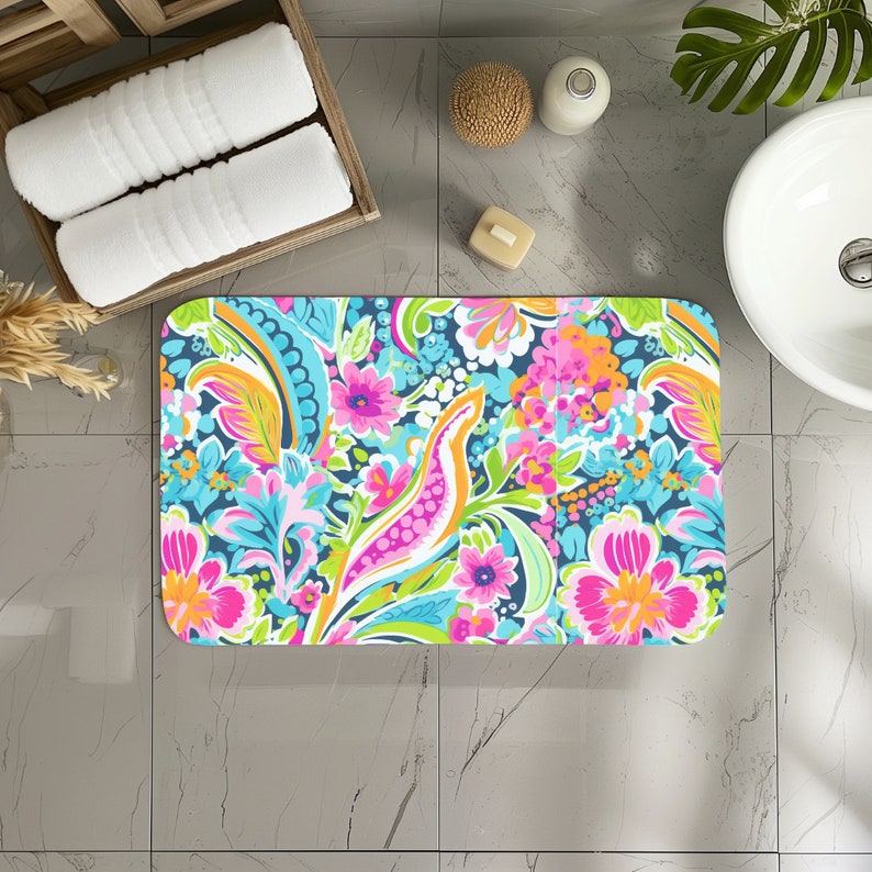 Floral Paisley Bathroom Decor Bundle Bright Flower Bath Mat Newlyweds ...