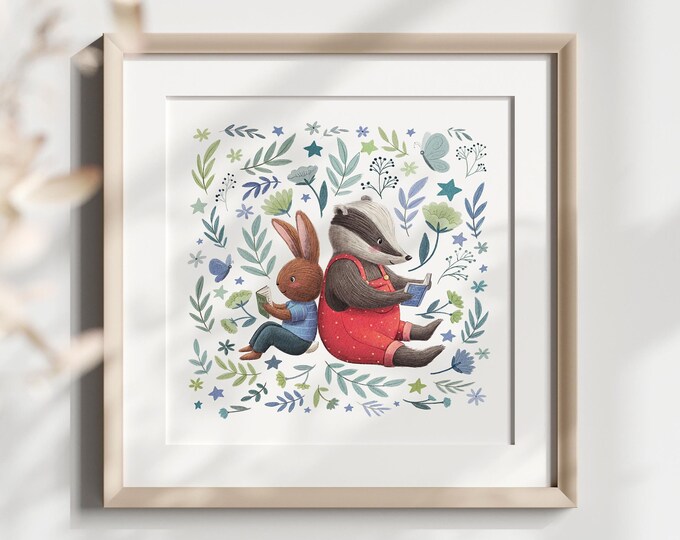 Reading Poster, Floral Design With Bunny and Badger Reading, Kids Room ...
