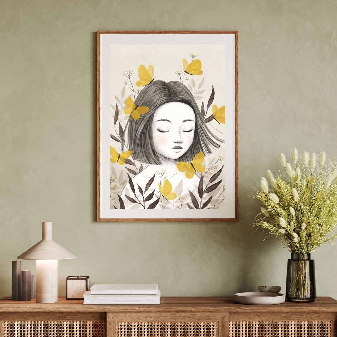 Butterfly Girl Poster, Beautiful Girl Illustration With Yellow ...