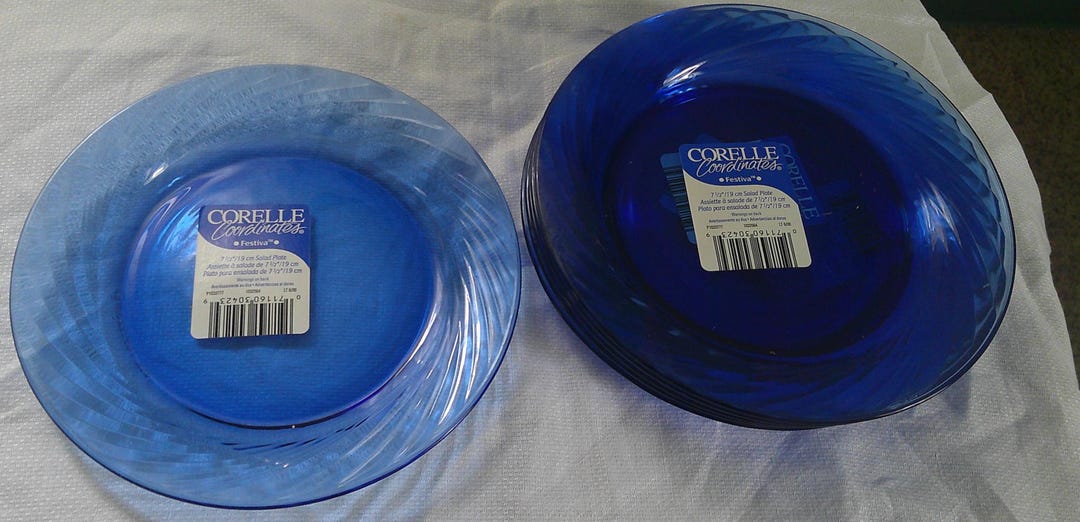 Pyrex Corelle Coordinates Festiva Cobalt Blue Glass Swirl Salad Plates ...