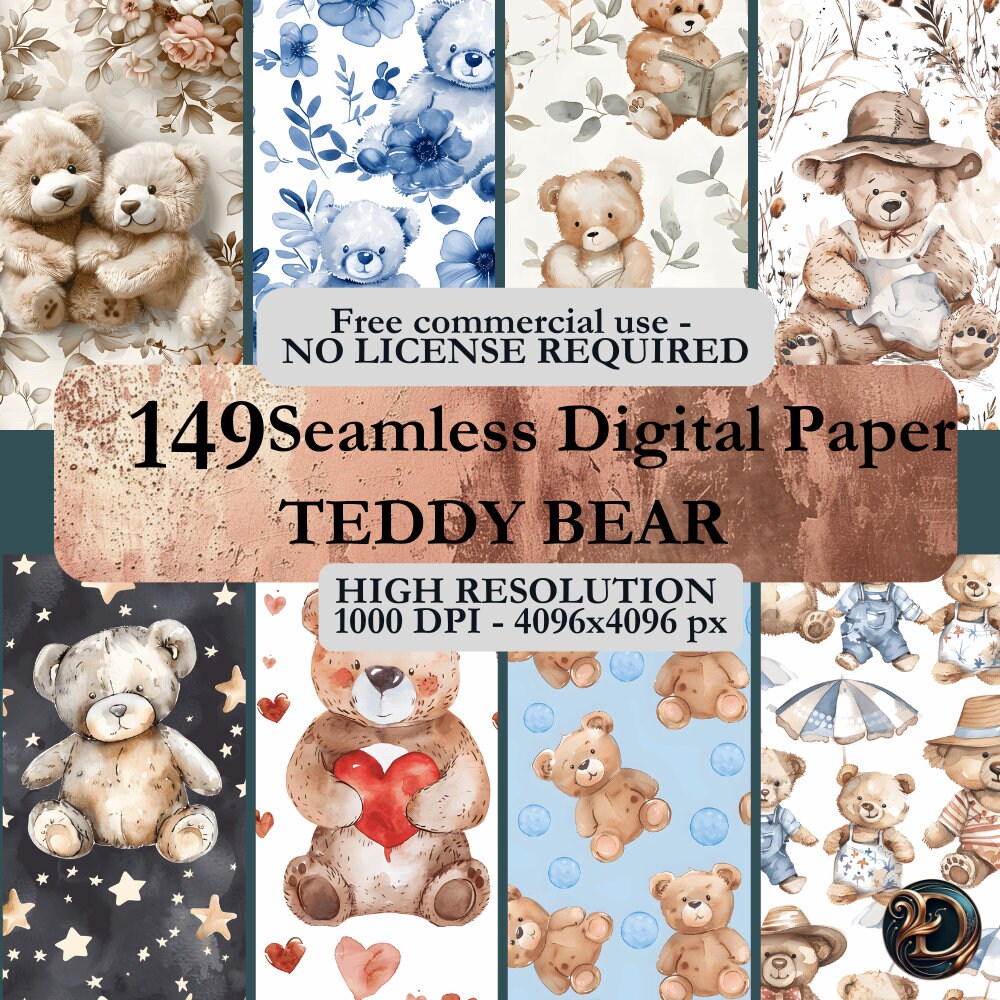 Teddy Bear Digital Paper: 149 High-resolution Seamless Cliparts, Bundle ...