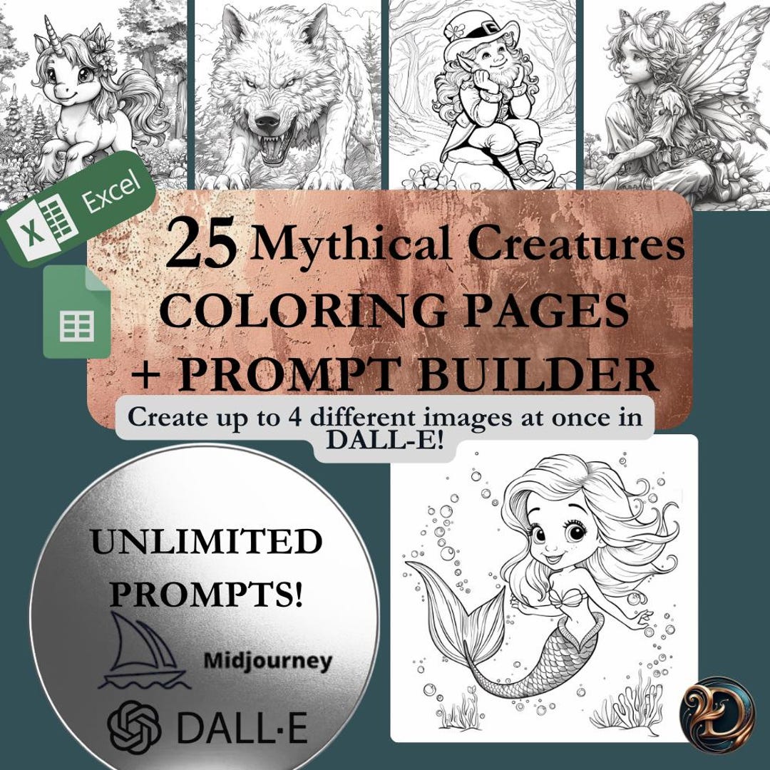 25 Mythical Creatures Coloring Pages & Excel Prompt Builder - Generator ...
