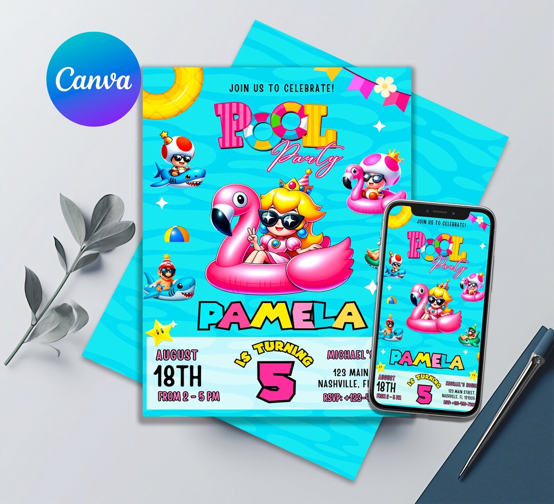 Princess Peach Pool Party Birthday Invitation | Editable & Printable ...