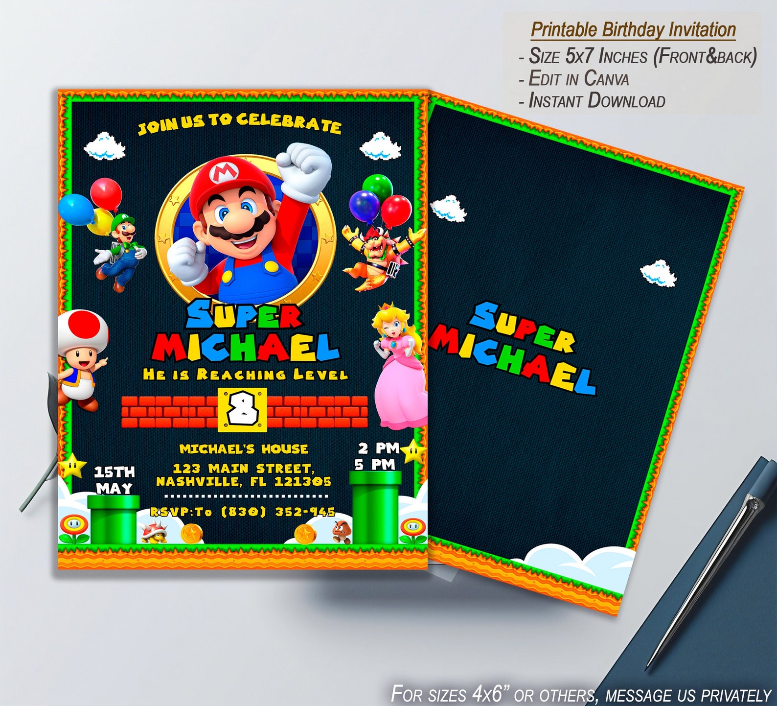 Mario Bros Birthday Invitation, Super Mario Birthday Card, Super ...