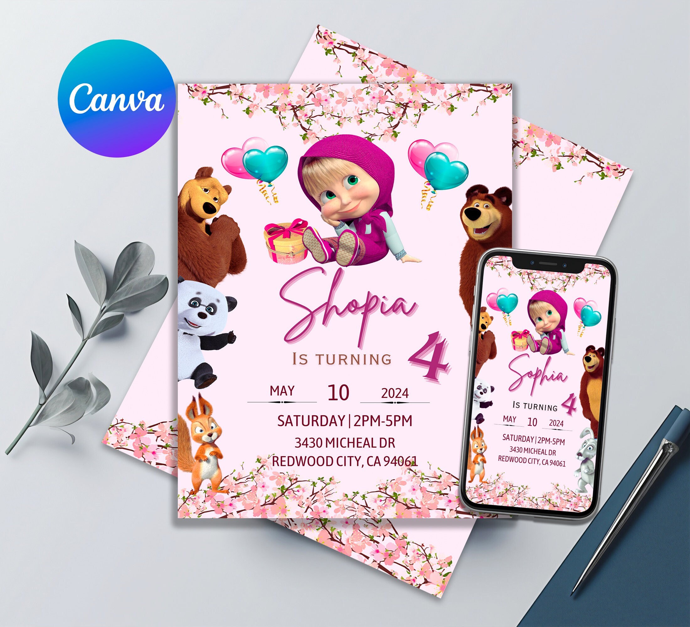 Masha and the Bear Birthday Invitation Masha Birthday Party Invite ...