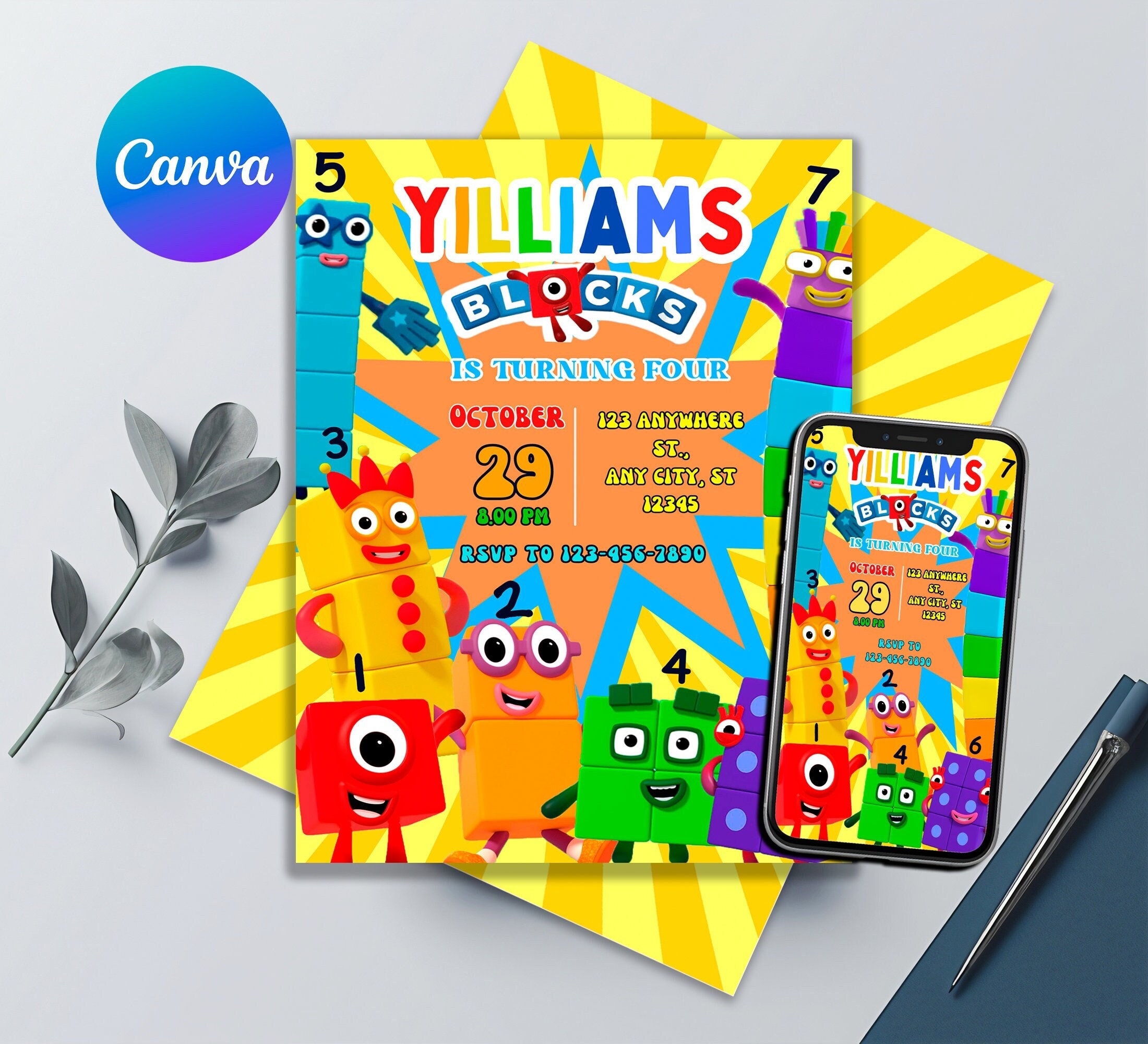 Invitación de cumpleaños de Numberblocks / Invitación a fiesta de ...