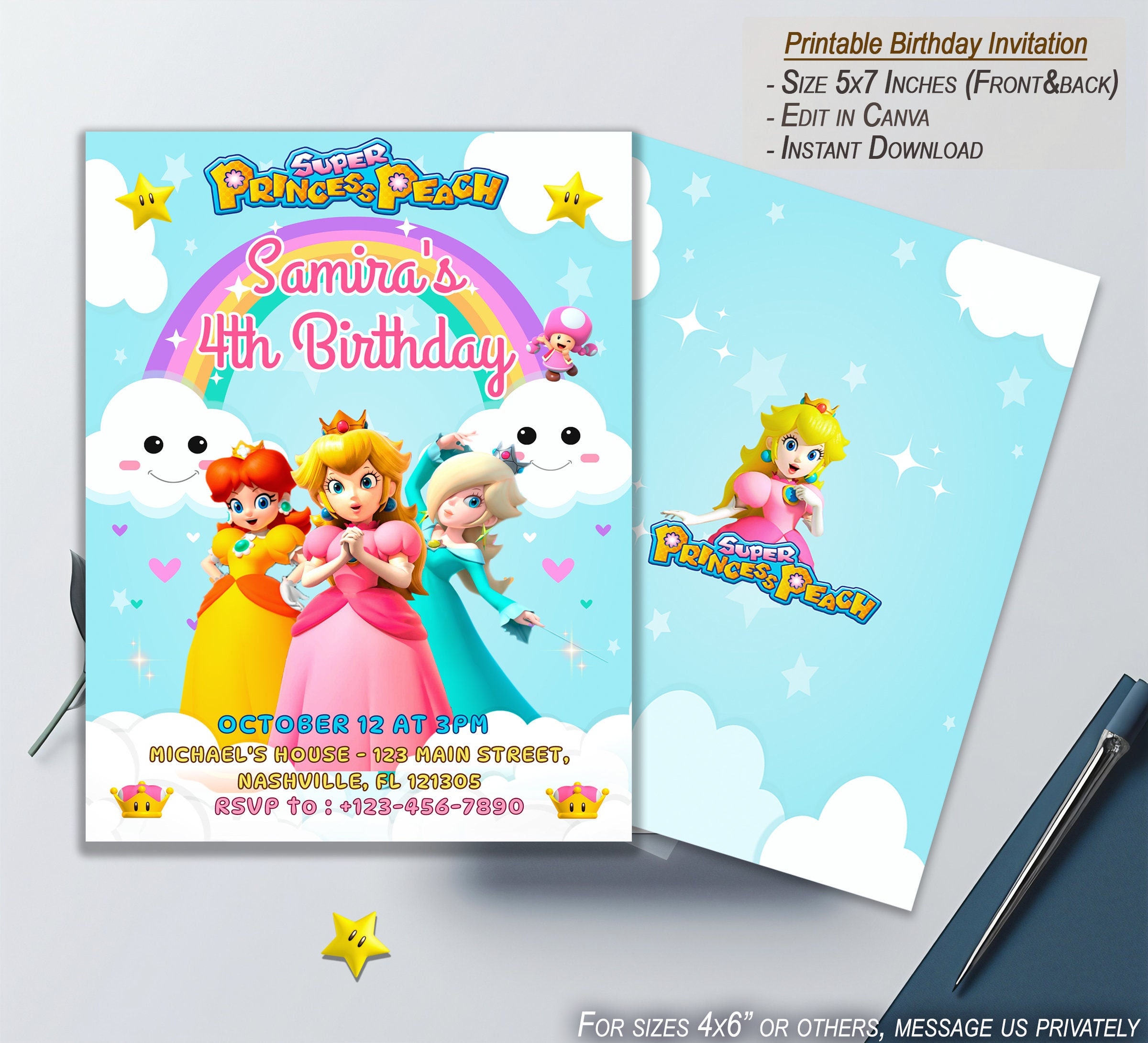 Princess Peach Birthday Invitation Charming Mario Bros Princess ...