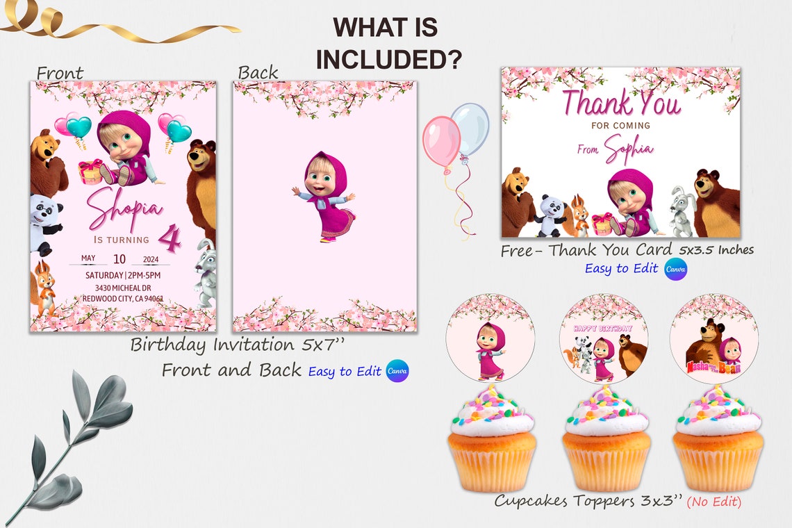 Masha and the Bear Birthday Invitation Masha Birthday Party Invite ...