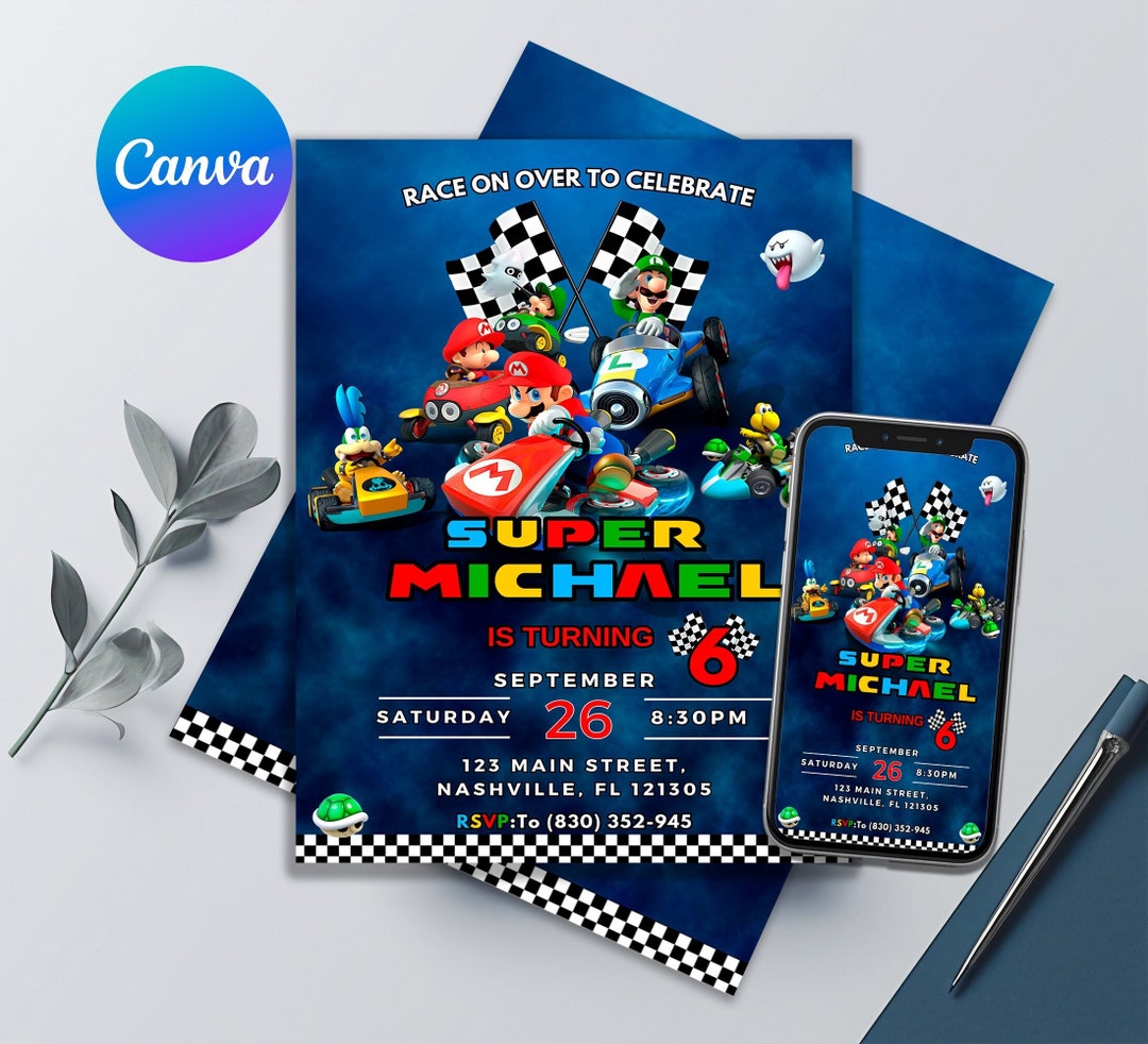 Mario Kart Birthday Invitation - Super Mario Kart Theme - Printable ...