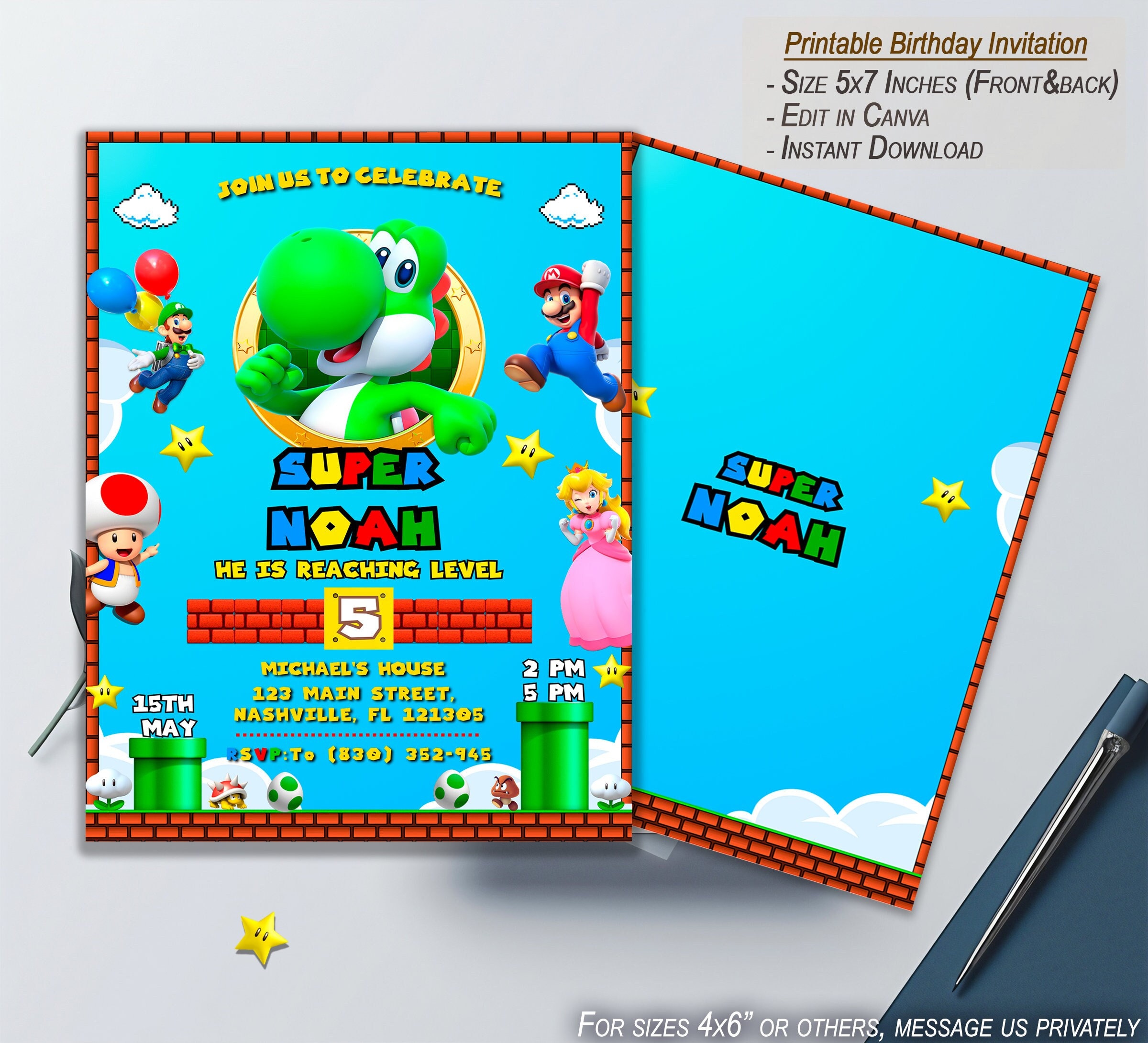 Yoshi Birthday Invitation | Printable Editable Canva Template | Digital ...