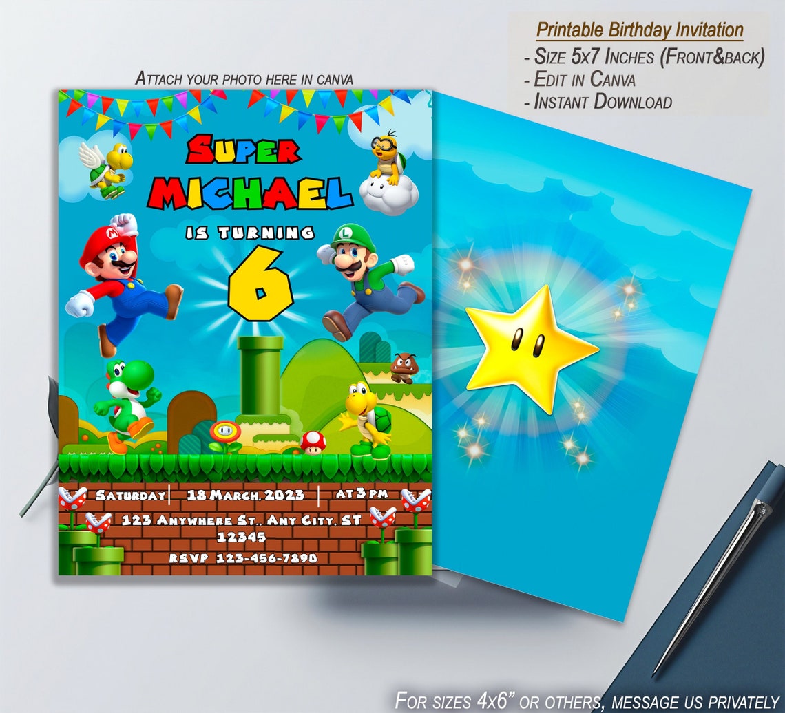 Super Mario Bros Invitation, Super Mario Birthday Invitation, Super ...