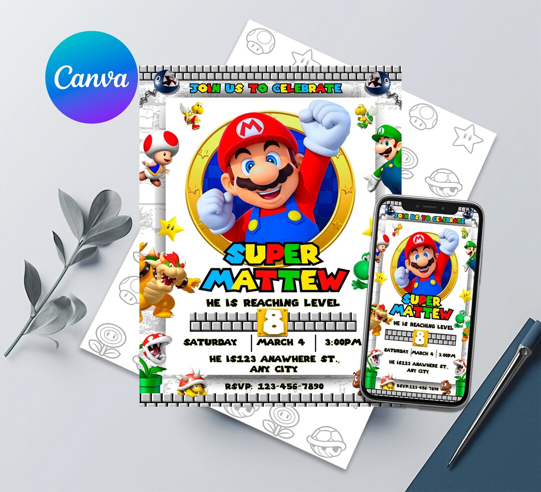 Mario Bros Birthday Invitation, Super Mario Birthday Card, Super ...