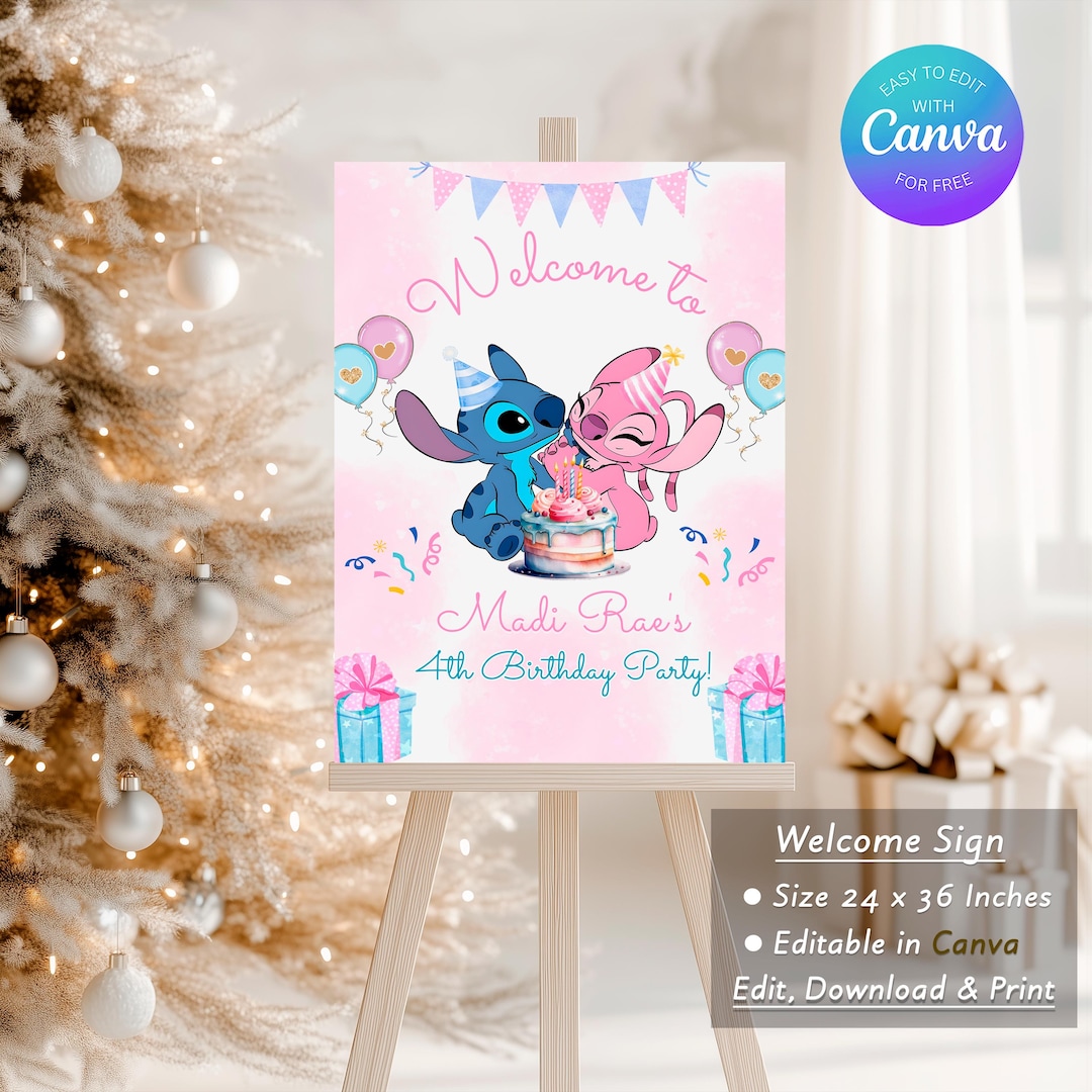 Editable Welcome Sign Stitch & Angel | Kids Birthday Decor | Printable ...