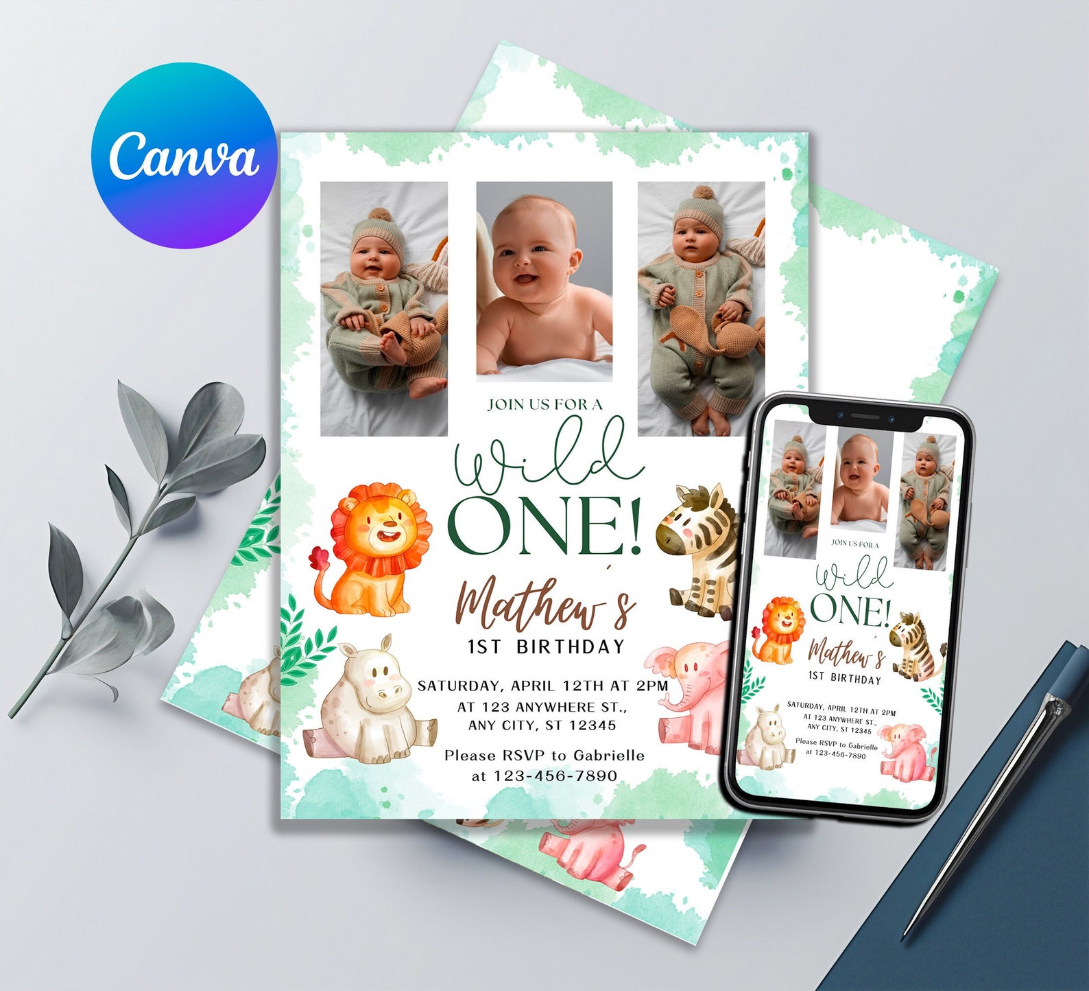 1st Safari Birthday Invitation | Printable & Editable | Safari Animals ...