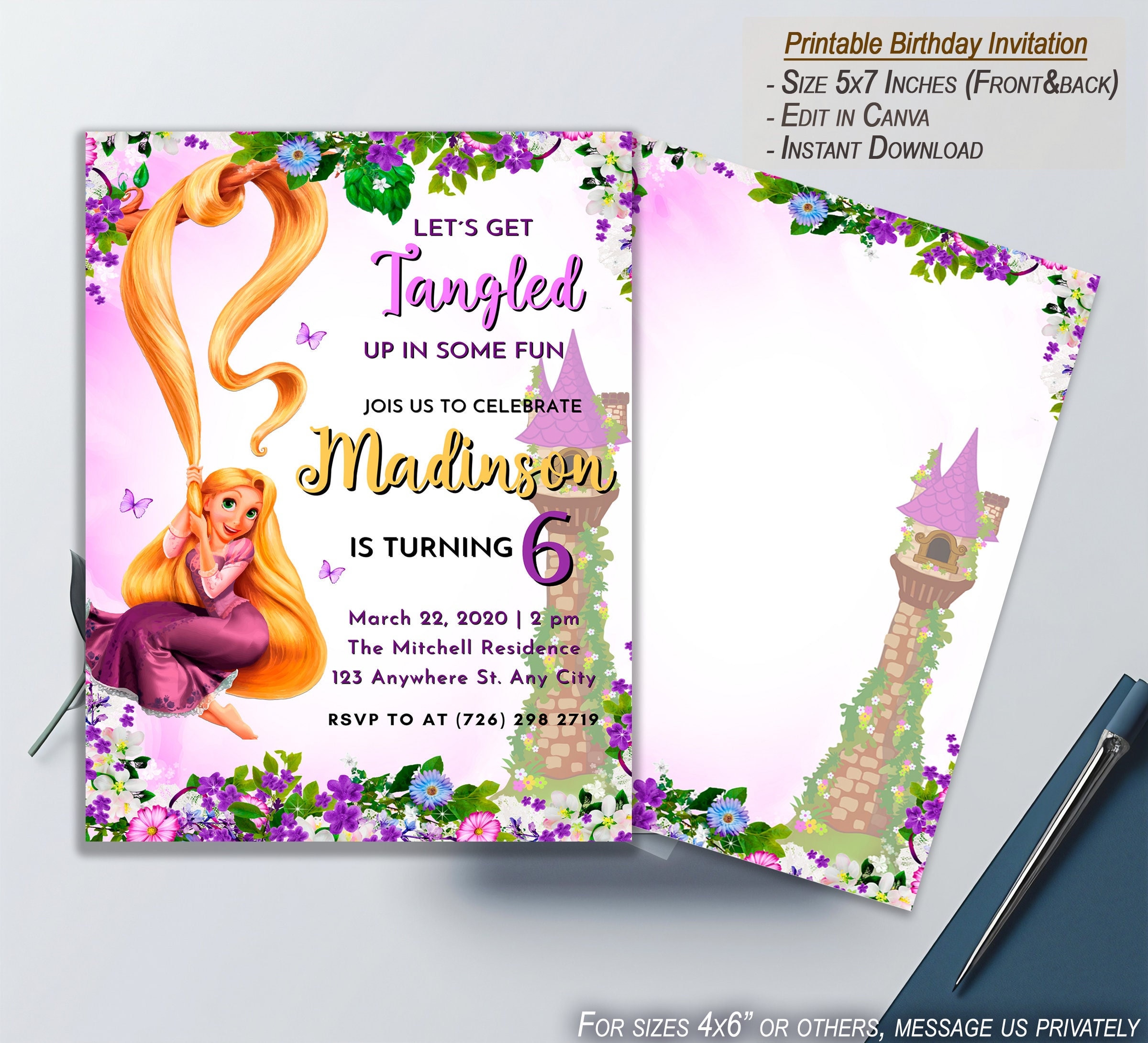 Rapunzel From Tangled Birthday Invitation Rapunzel Birthday Invites ...