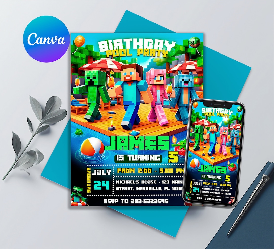 Minecraft Pool Party Birthday Invitation, Awesome Minecraft Pool Party ...