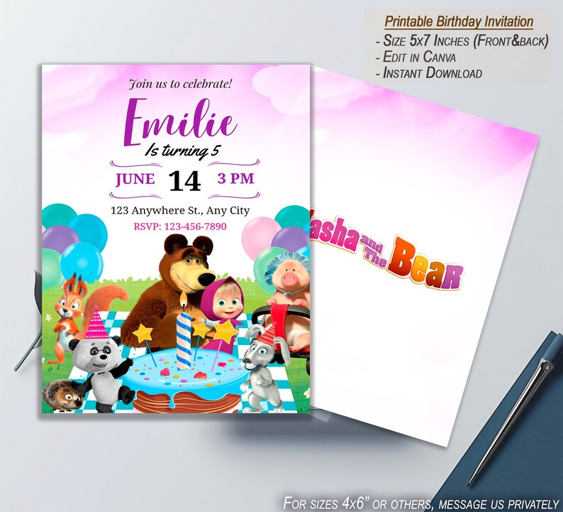 Masha and the Bear Birthday Invitation Masha Birthday Party Invite ...