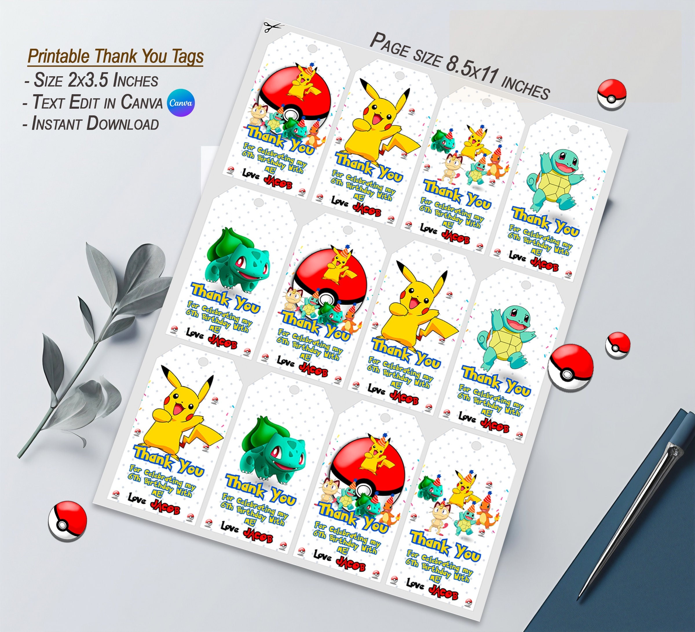 Printable Pokemon Favor Tags - Cute Thank You Tags - Pokemon Gift Tag ...