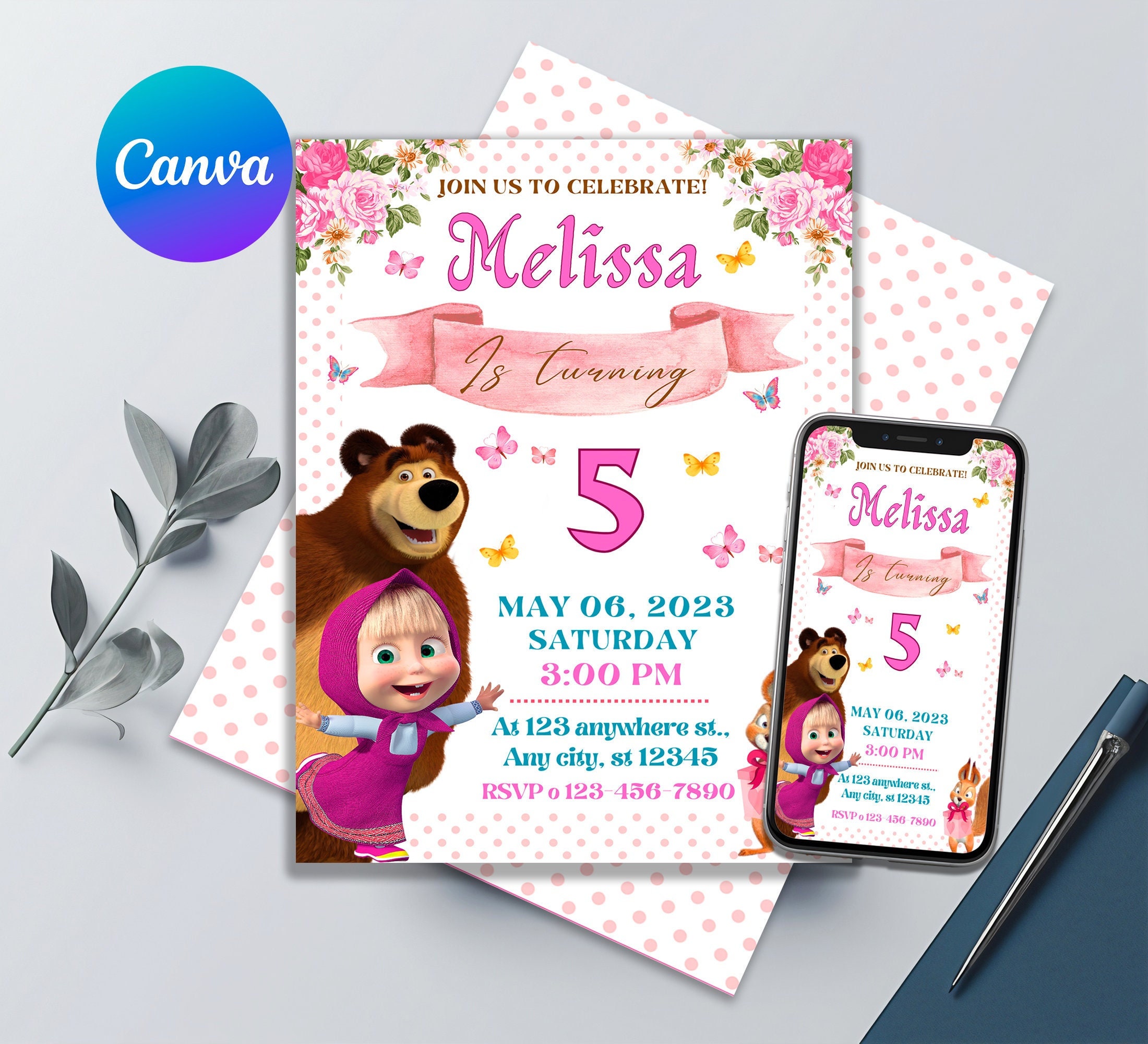Masha and the Bear Birthday Invitation Cute Masha Birthday Invite ...