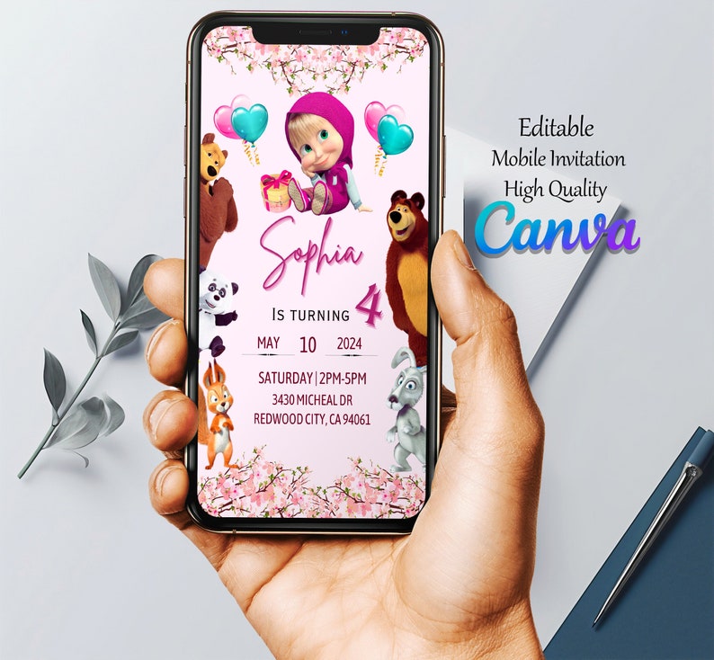 Masha and the Bear Birthday Invitation Masha Birthday Party Invite ...