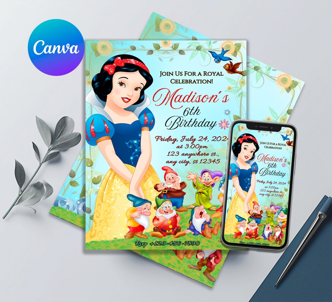 Snow White and the Seven Dwarfs Birthday Invitation | Editable ...