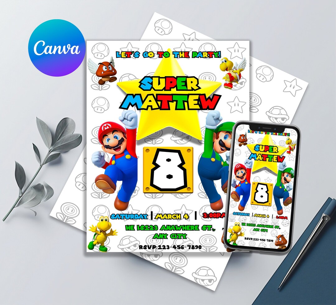 Mario Bros Invitation, Super Mario Birthday Invitation, Super Brothers ...