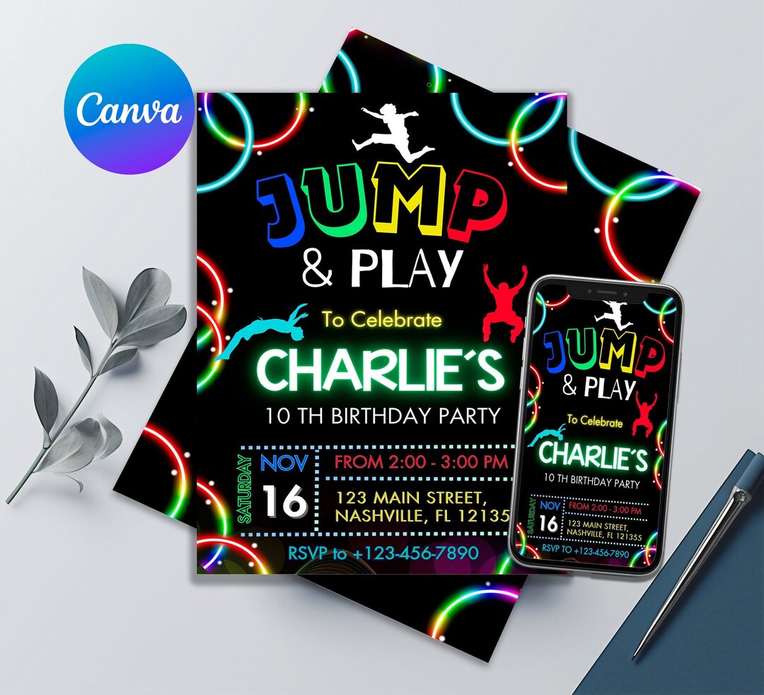 Jump Birthday Invitation - Awesome! Kids Trampoline Party Invite ...