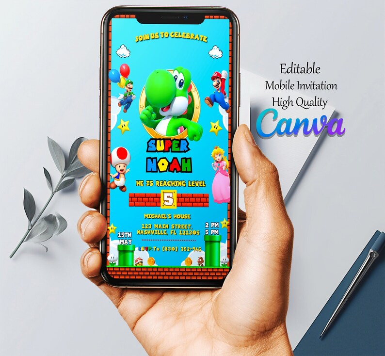 Yoshi Birthday Invitation | Printable Editable Canva Template | Digital ...