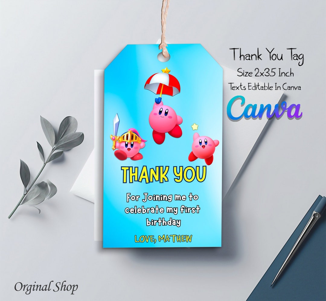 PRINTABLE Kirby Thank You Tag Template, Kirby Birthday Favor Tags ...