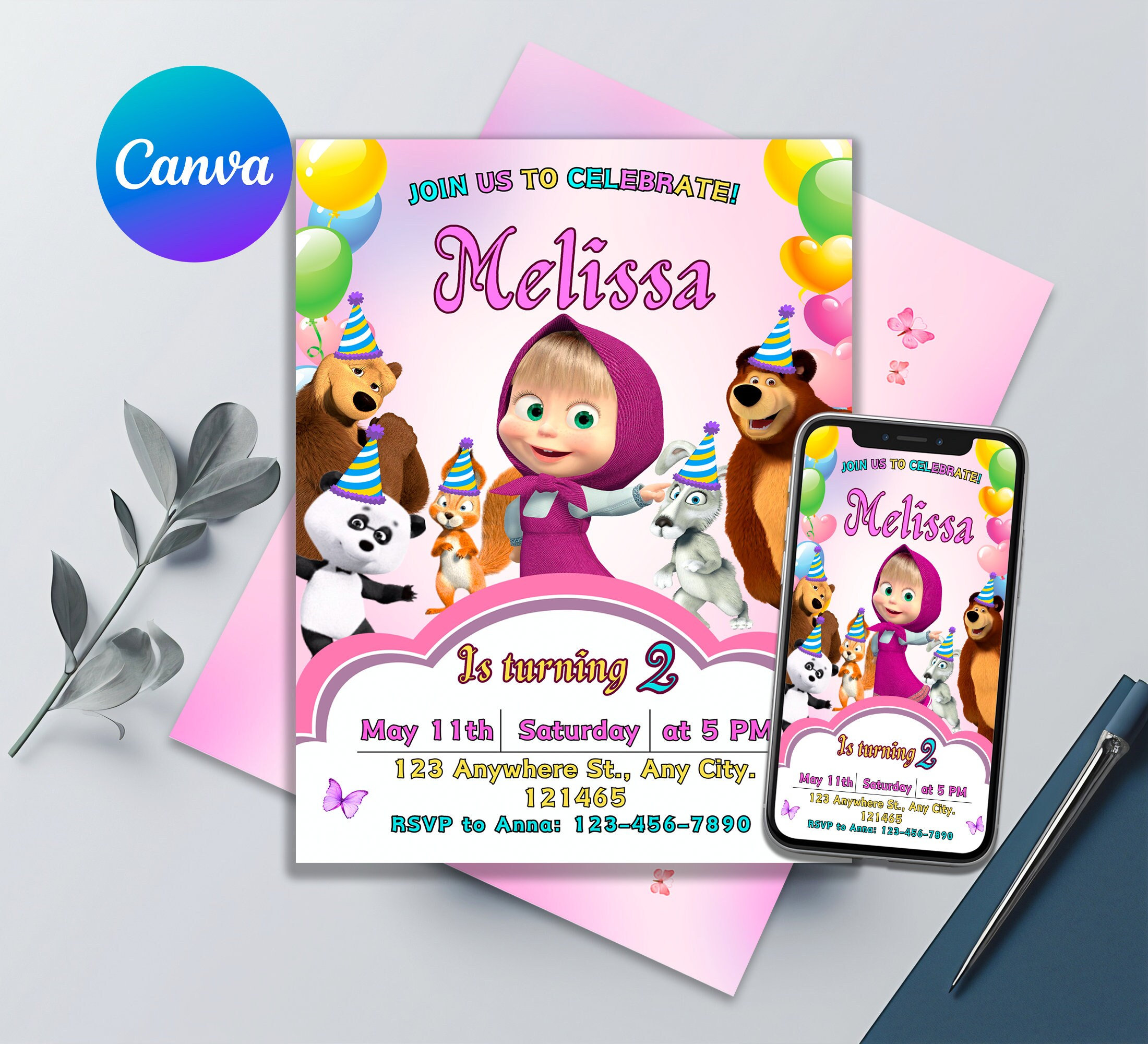Invitación de cumpleaños de Masha y el oso / Linda invitación a fiesta ...